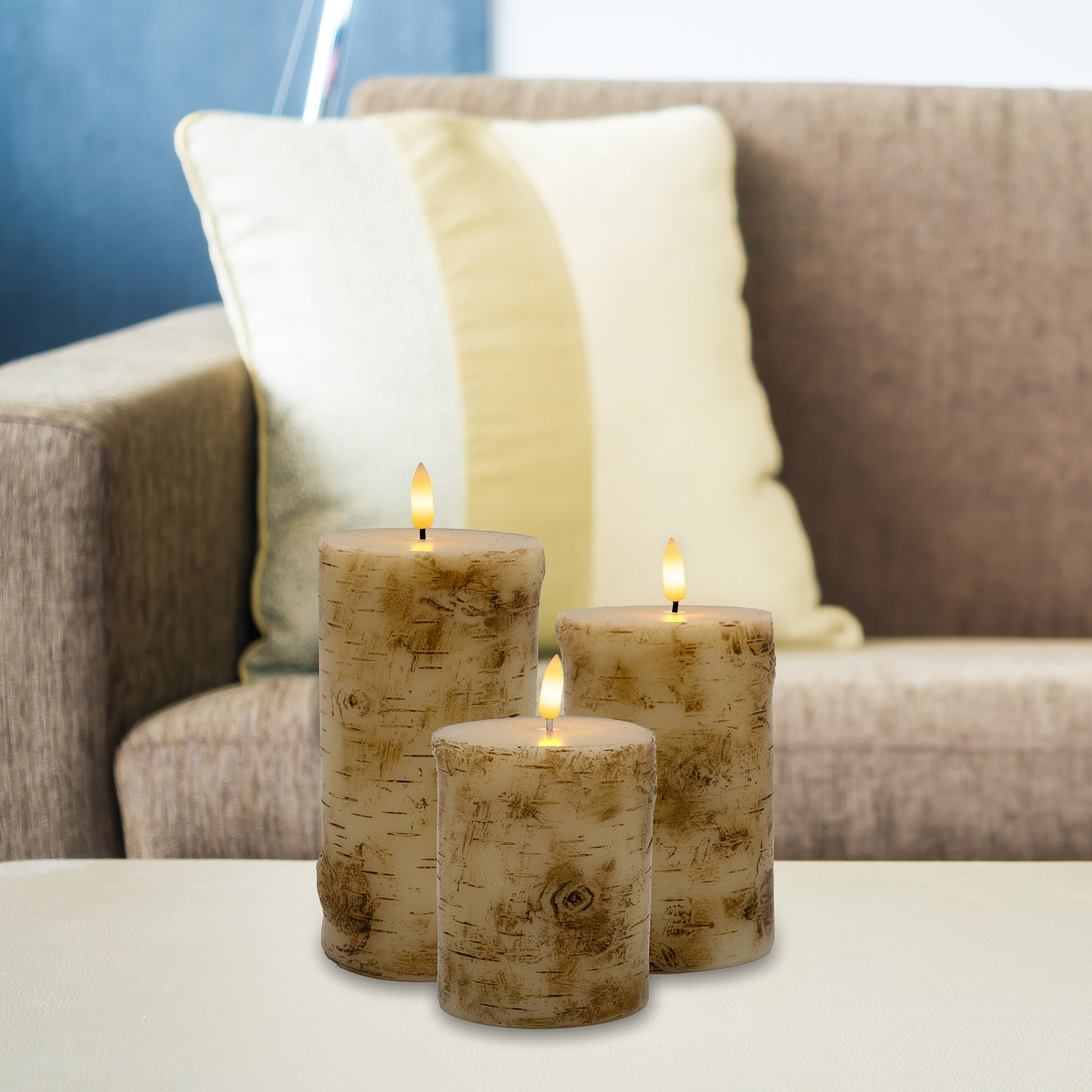 Battery Operated Birch Wood Pillar Candles - Set of 3 – LumaBase